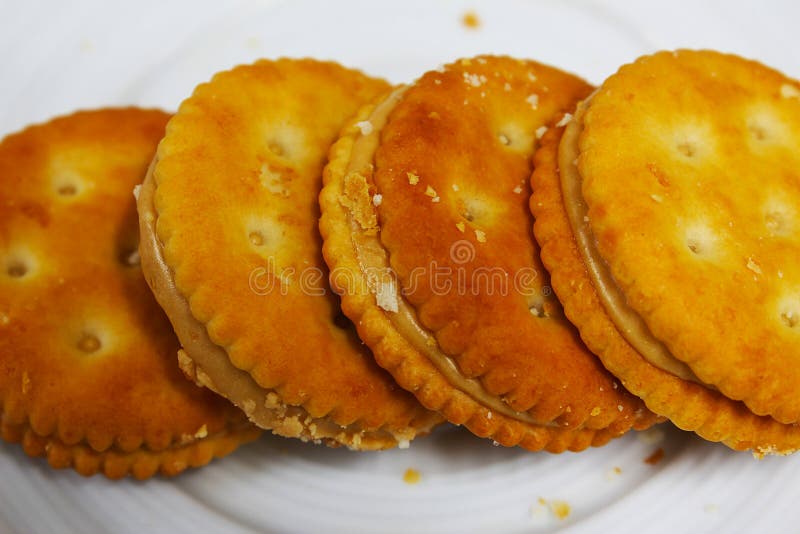 Round Crackers Stuffed with Peanut Butter Stock Image - Image of ...