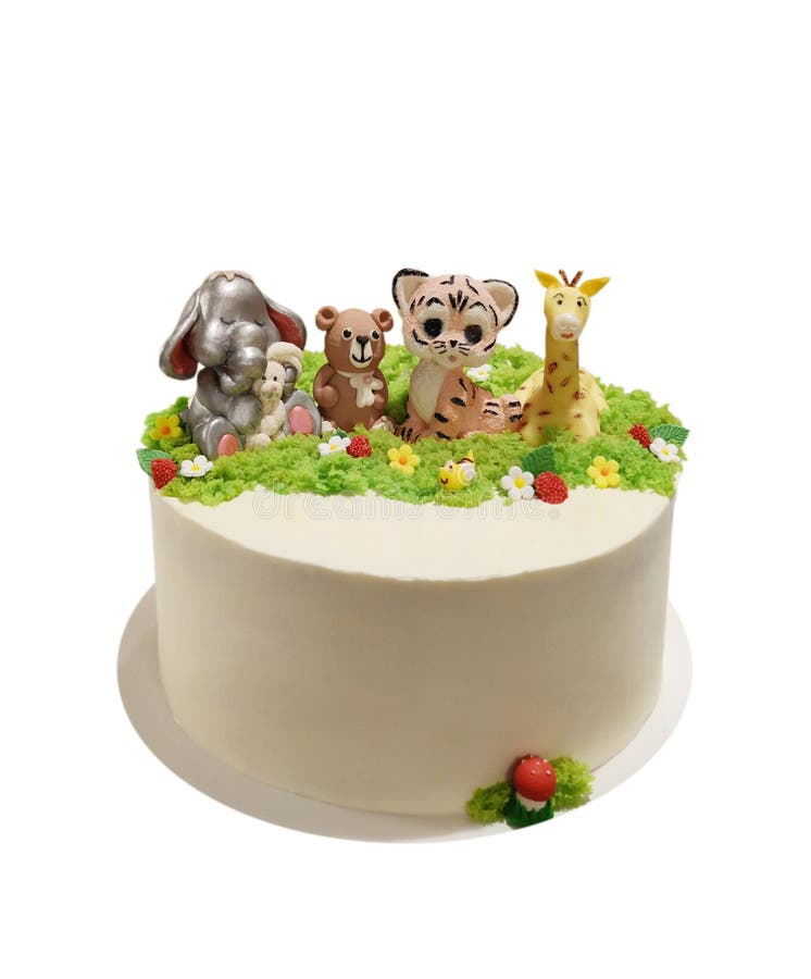 A Round Cream Cake Decorated with Figures of Animals Made of Mastic ...