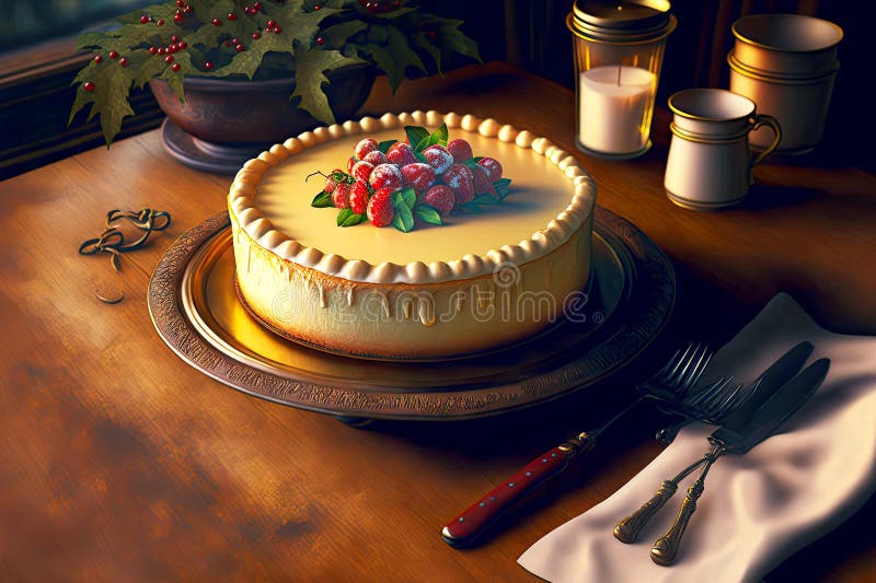 Round Cream Cheesecake on Table for Hearty Festive Dessert Stock ...