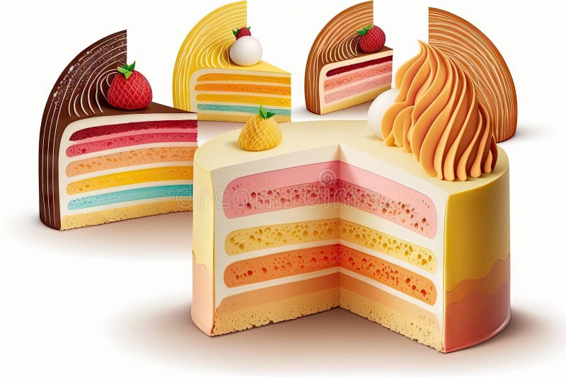 Round Delicious Pieces of Multi-layered Birthday Cake Isolated on White ...