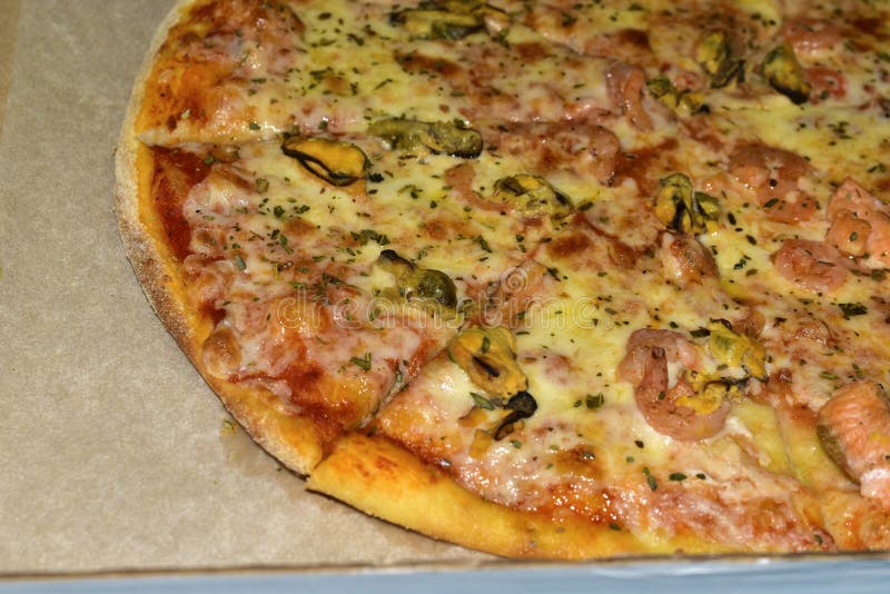 Round Delicious Sea Pizza with Seafood in a Box Stock Photo - Image of ...