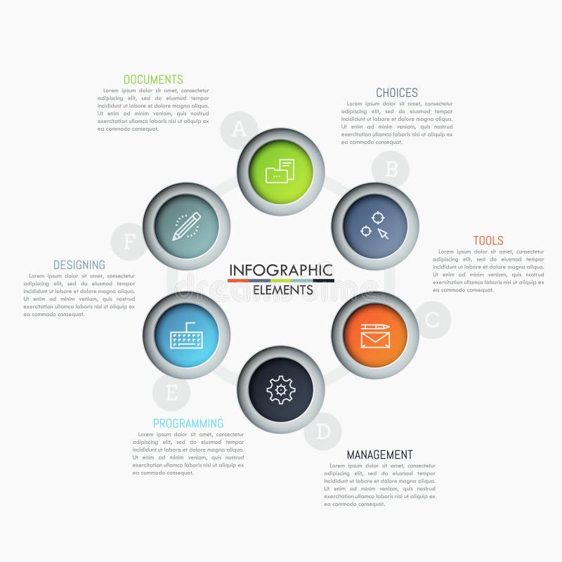 Round Diagram Divided into 5 Multicolored Sectoral Elements with Arrows Pointing at Icons and ...