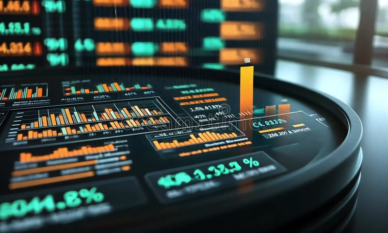 Round Digital Display with Multiple Financial Charts and Data Stock ...