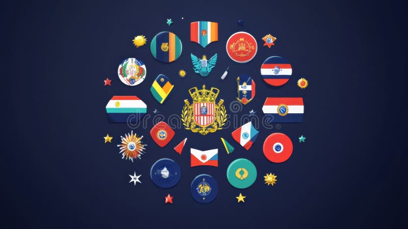 Round Display of Diverse National Emblems and Flags Representing Unity ...