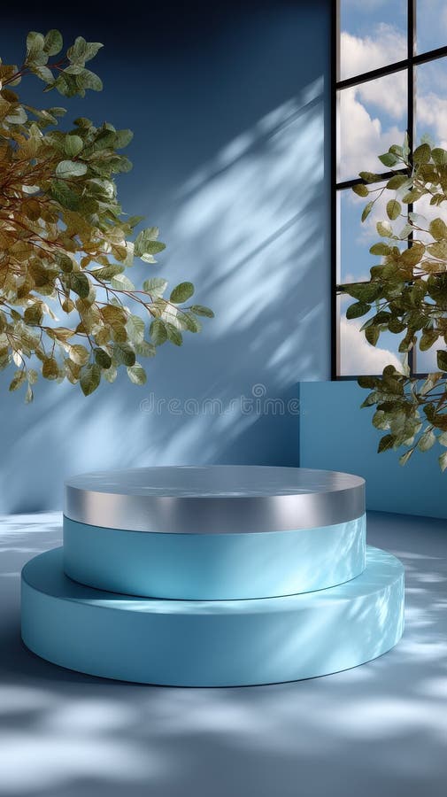 Round Display Podium in Blue Room with Plants and Window To Sky ...