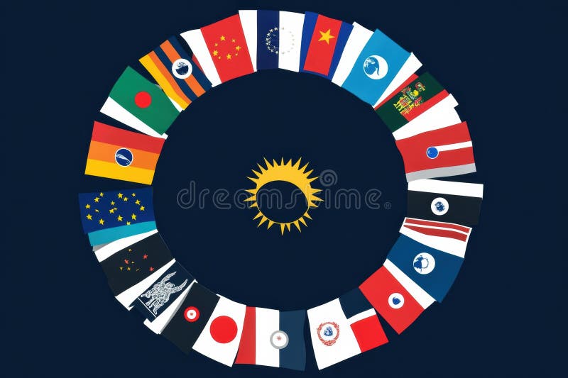 Round Display of Various National Emblems and Flags Representing Unity ...