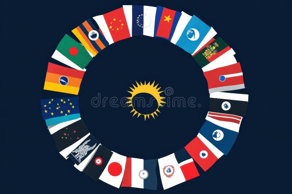 Round Display of Various National Emblems and Flags Representing Unity ...