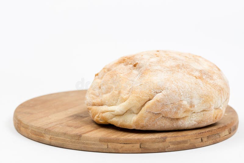 Round Domestic Bread Isolated with Wooden Board Stock Image - Image of ...