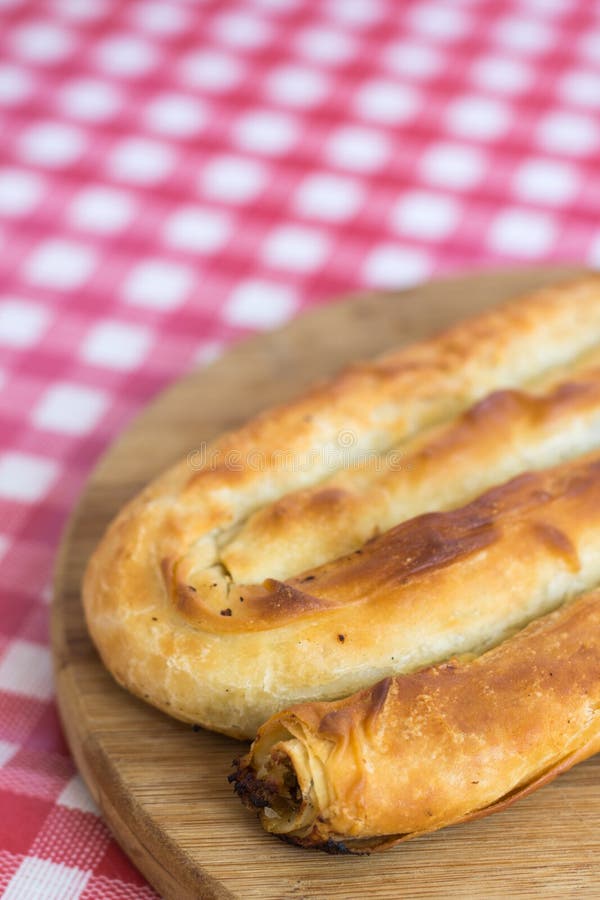 Round Domestic Burek Pie with Meat on the Wooden Board Stock Photo ...