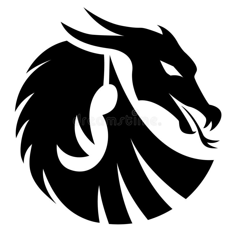 Round Logo with Dragon and Red Sun. Graphic Black and White ...