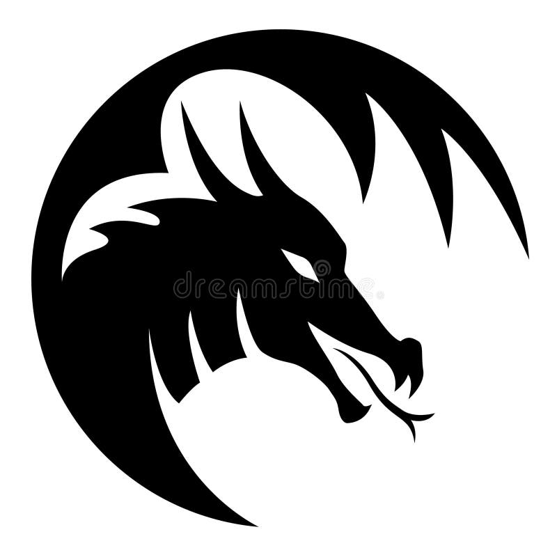 Round Logo with Dragon and Red Sun. Graphic Black and White ...