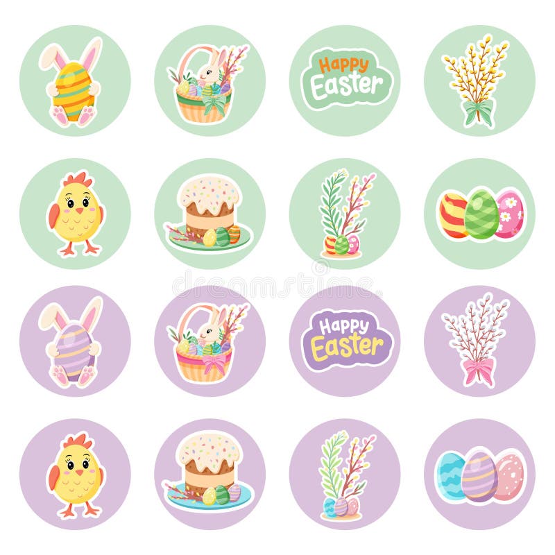Round Easter Sticker Collection with Pastel Colors and Holiday Elements ...
