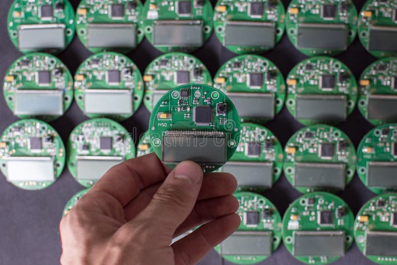 Round Electronic Boards with Display, Microchip and Processor, Many ...