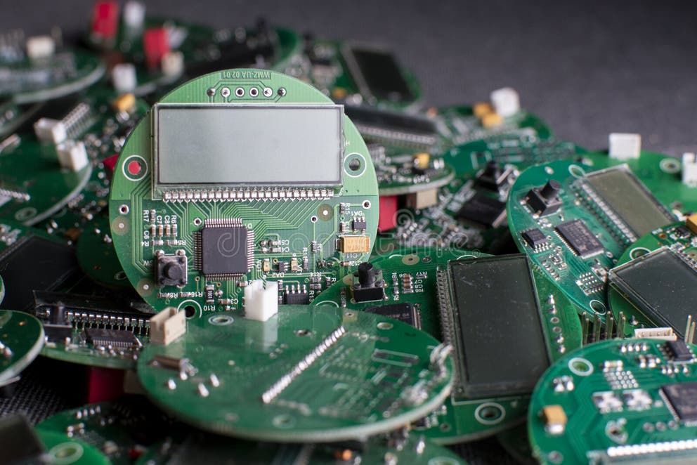 Round Electronic Boards with Display, Microchip and Processor, Many ...