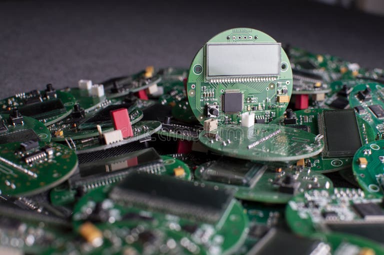 Round Electronic Boards with Display, Microchip and Processor, Many ...