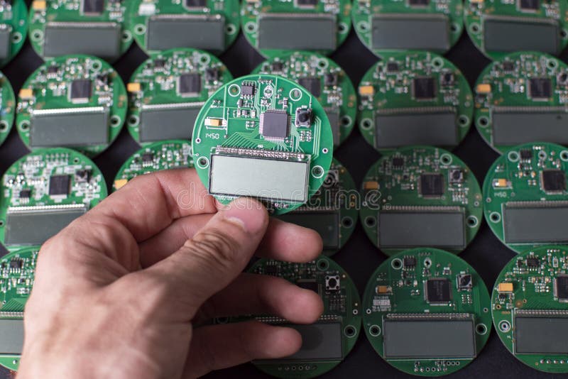 Round Electronic Boards with Display, Microchip and Processor, Many ...