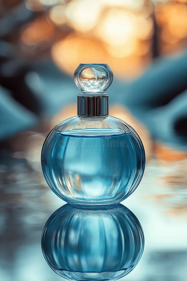 Elegant Blue Perfume Bottle Reflecting on a Surface in a Softly ...