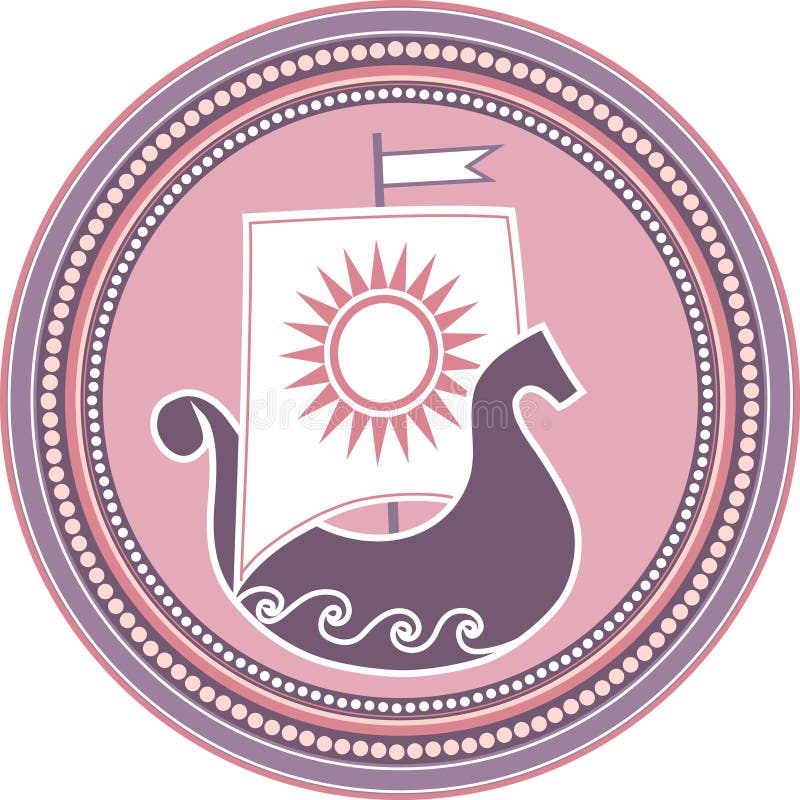 Round Emblem with Slavic Boad Und Sun Sail on White Background. Stock ...
