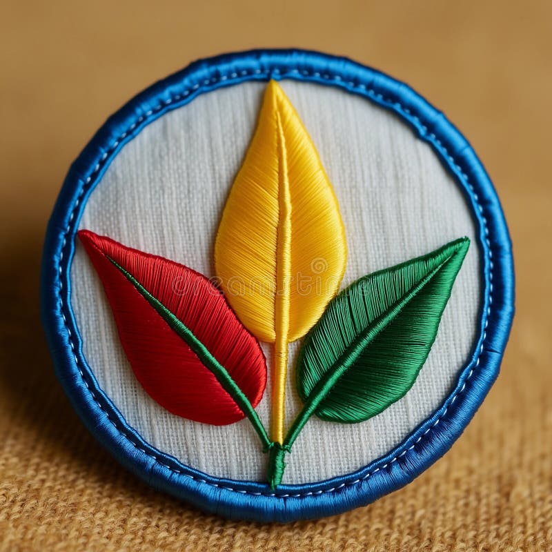A Round Embroidered Badge with Three Triangular Leaf Designs in Red ...
