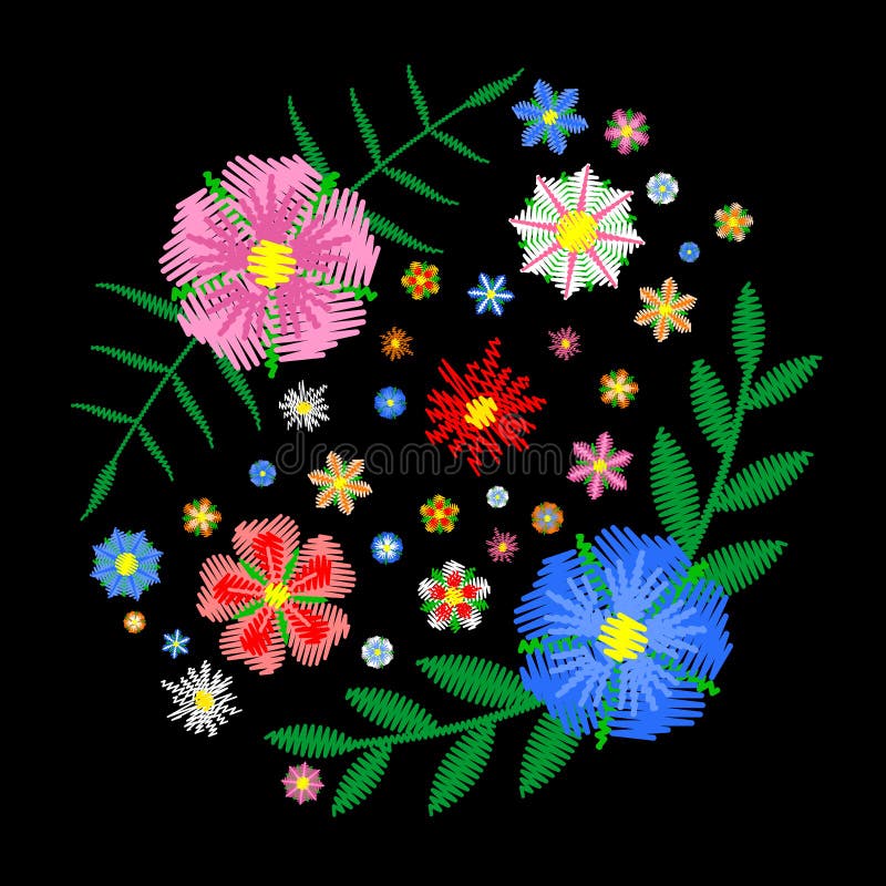 Round Embroidery Pattern with Flowers and Leaves. Vector Drawing on ...