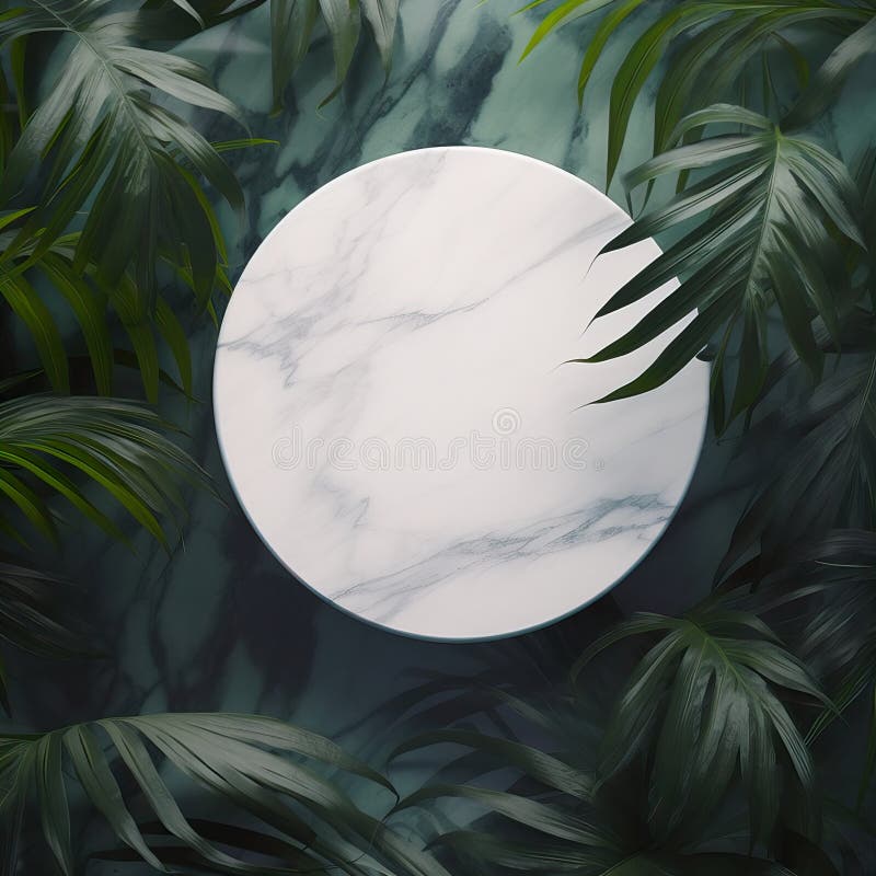 Round Empty Table Background with Green Leaves, Botanical Product ...