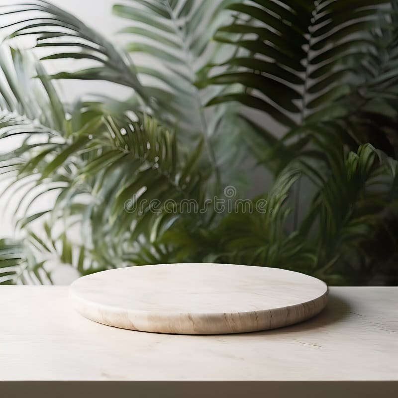 Round Empty Table Background with Green Leaves, Botanical Product ...