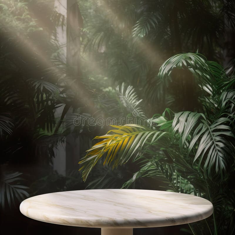 Round Empty Table Background with Green Leaves, Botanical Product ...