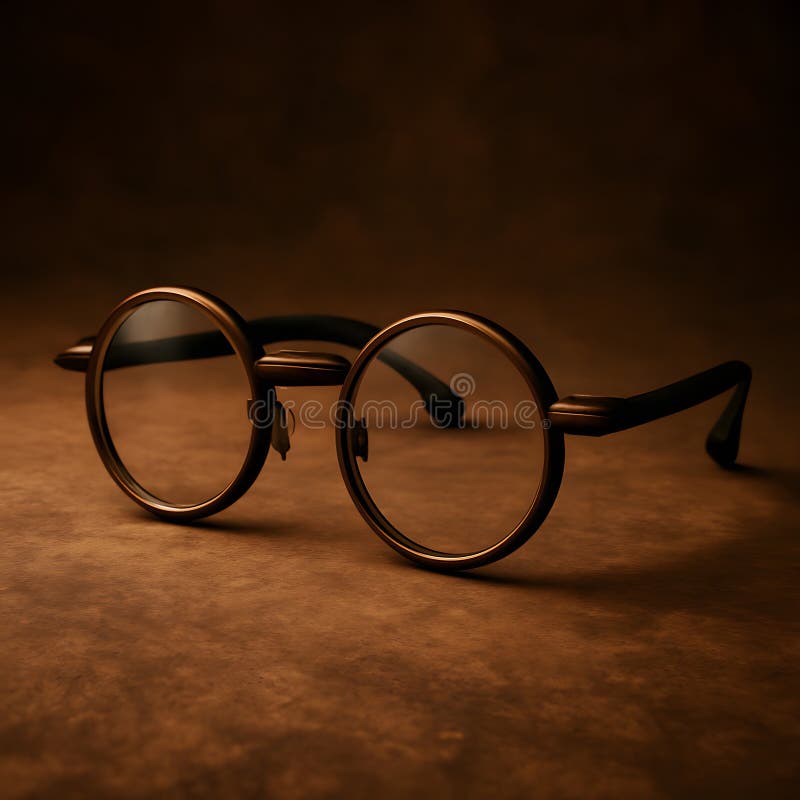 Round Eyeglasses with Metallic Frames Resting on a Textured Brown ...