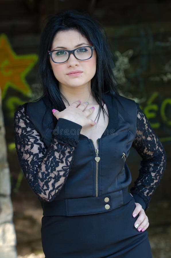Round Face Lady with Glasses and Black Clothes Stock Image - Image of ...