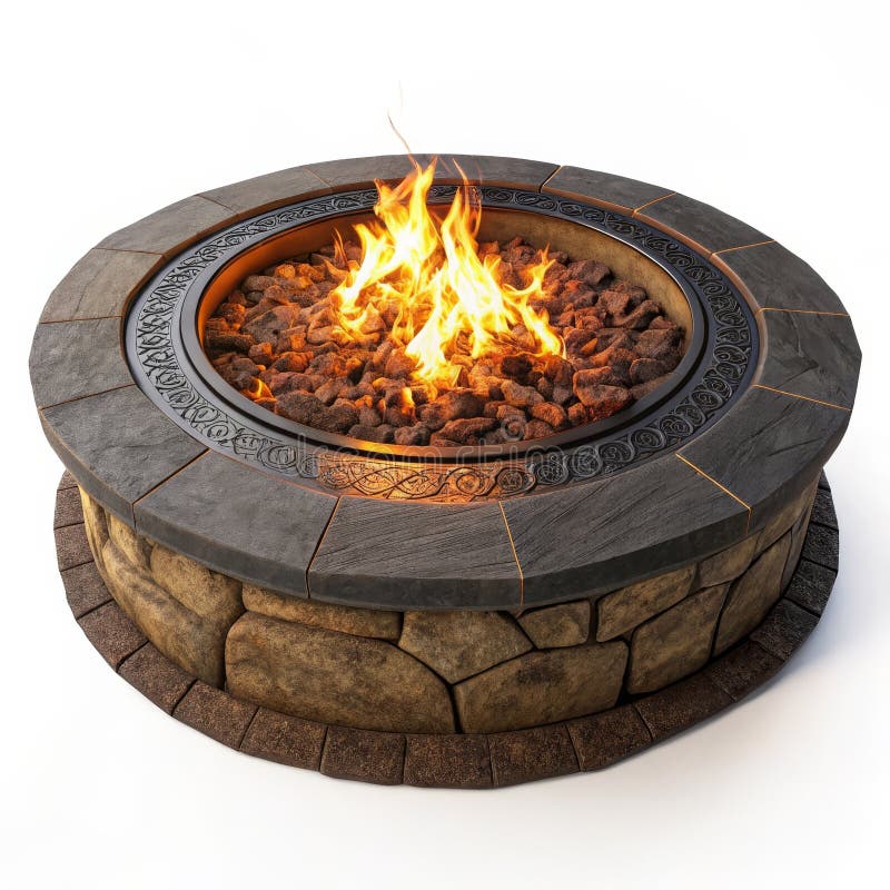 Round Fire Pit with Burning Flames, Isolated on White Background ...