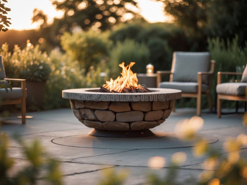 Round Fire Pit Center Patio is Made Stone Cozy Summer Evening Stock ...
