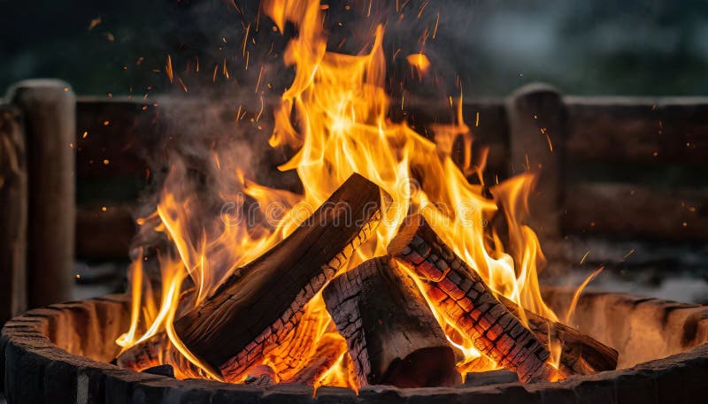 Round Fire Pit with Logs and Flames Stock Illustration - Illustration ...