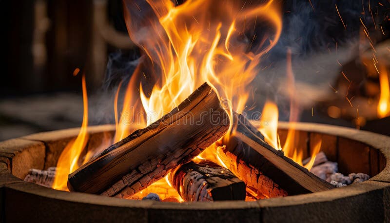 Round Fire Pit with Logs and Flames Stock Illustration - Illustration ...