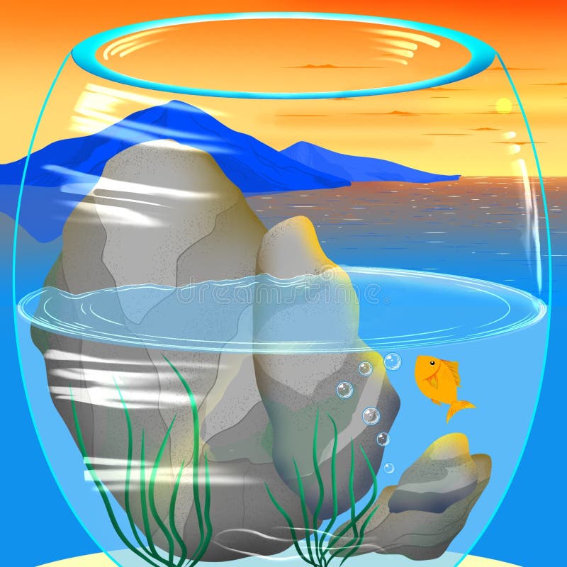 Round Fish Glass Tank with Sunset Background Stock Illustration ...