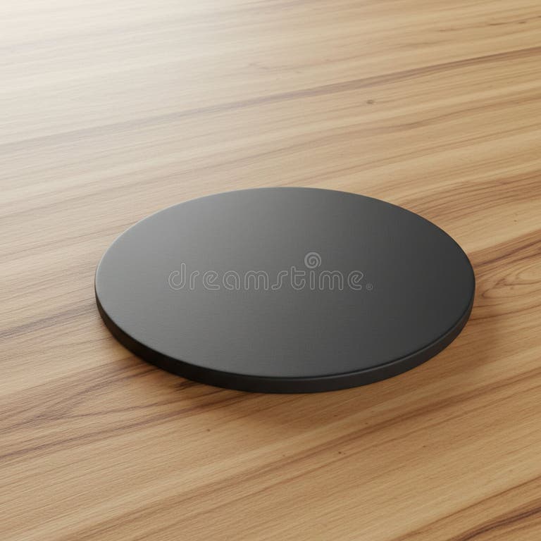 A Round, Flat, Black Disc Rests on a Light Wood Surface with Visible ...