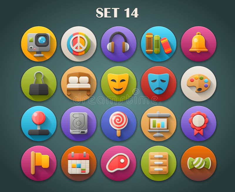 Round Flat Icons with Long Shadow Set 14 Stock Vector - Illustration of ...