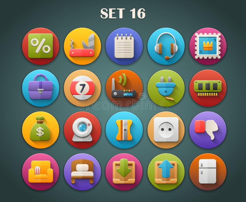 Round Flat Icons with Long Shadow Set 16 Stock Vector - Illustration of ...