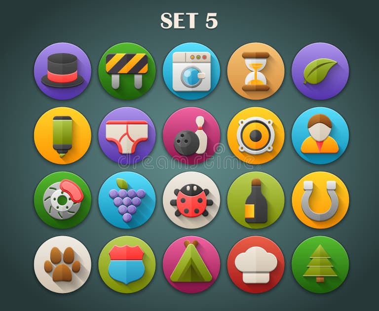 Round Flat Icons with Long Shadow Set 5 Stock Vector - Illustration of ...