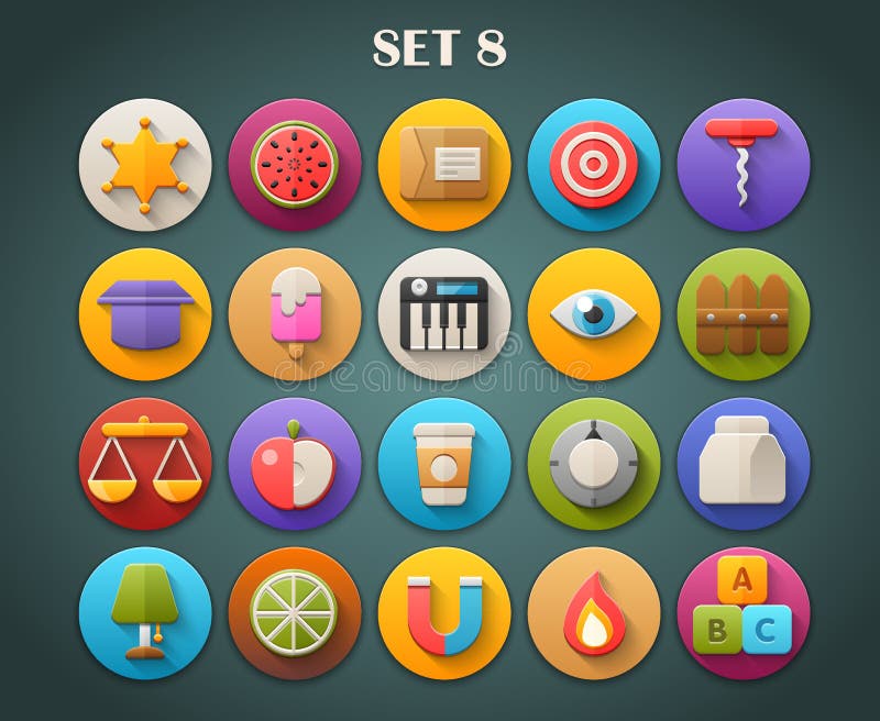 Round Flat Icons with Long Shadow Set 8 Stock Vector - Illustration of ...