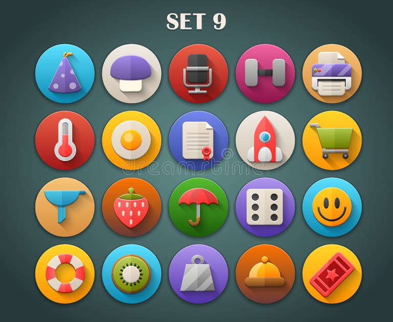 Round Flat Icons with Long Shadow Set 9 Stock Vector - Illustration of ...