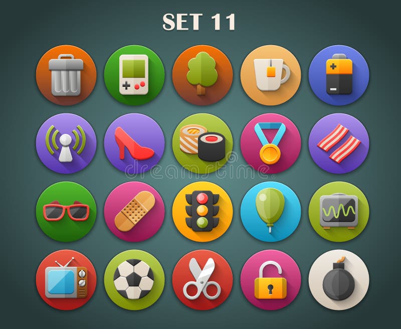 Round Flat Icons with Long Shadow Set 11 Stock Vector - Illustration of ...