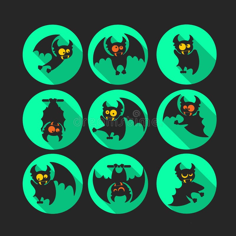 Round Flat Vector Icon Set with Vampire Bat for Halloween. Stock Vector - Illustration of evil ...
