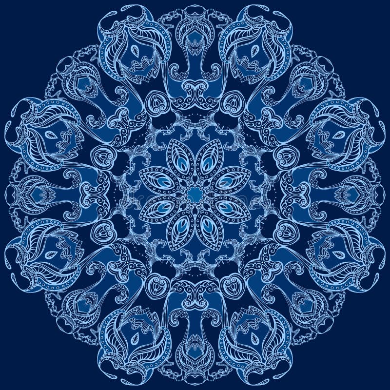 Round Floral Design Blue Snowflake Stock Illustration - Illustration of ...