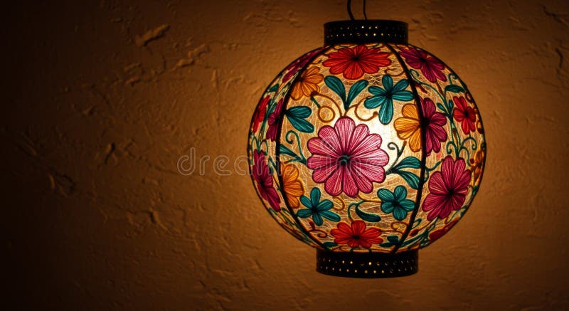 Round Floral Embroidered Lantern Hanging on Brown Textured Wall Stock ...