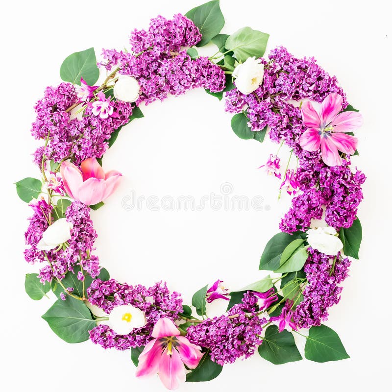 Round Floral Frame of Lilac Branches and Tulips on White Background ...