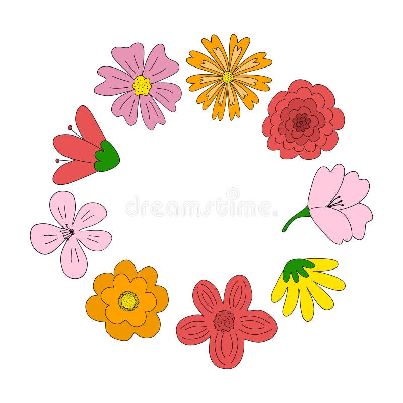 Round Flower Frame from Different Meadow Flowers, Spring Design Element ...