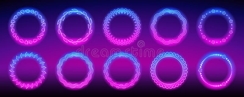 Round Flower Neon Frames Set Stock Vector - Illustration of pink ...