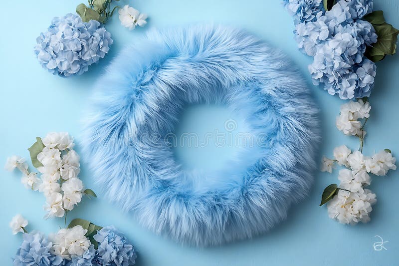 Round Fluffy Blue with Hydrangeas and White Flowers on Light Blue ...