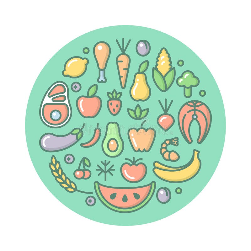 Round Form Set of Different Products Icons Stock Vector - Illustration ...