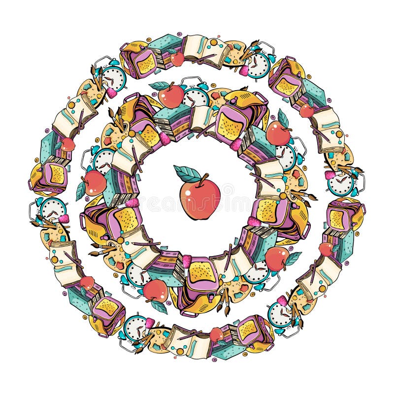 Round Frame Back To School. Vector Colorful Illustration in Cute Style ...